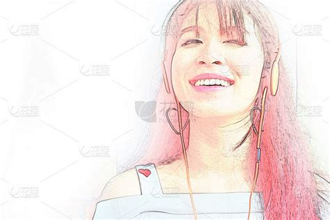少女抽象地戴着耳机，听着音乐，在水彩插画的背景上作画。