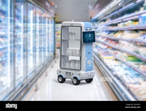 3d Rendering Delivery Robot Trolley Or Robotic Shopping Assistant