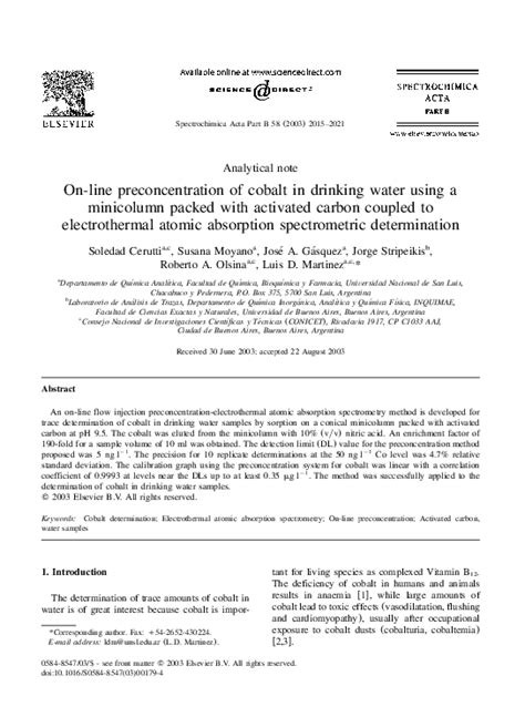 Pdf On Line Preconcentration Of Cobalt In Drinking Water Using A Minicolumn Packed With