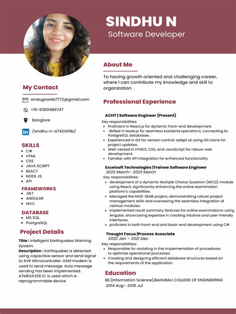 Sindhu N Resume Pdf Java Script Computer Programming