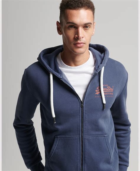 Sweat à Capuche Zippé Vintage Logo Fluo Bleu Frontière Pour Homme