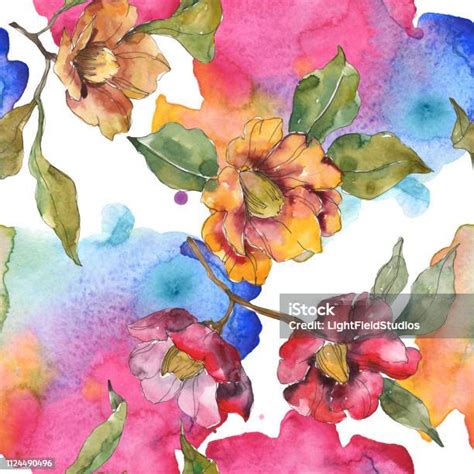 붉은 색과 오렌지색 Camelia 여 식물 꽃입니다 수채화 배경 그림 설정 합니다 원활한 배경 패턴입니다 그리기에 대한 스톡