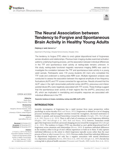 Pdf The Neural Association Between Tendency To Forgive And Spontaneous Brain Activity In