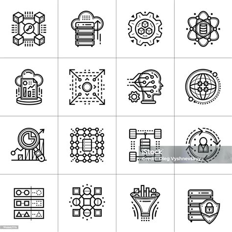 데이터 과학 기술과 기계 학습 과정의 선형 아이콘 설정 합니다 소재 디자인 아이콘 인쇄 웹사이트 및 프레 젠 테이 션에 적합