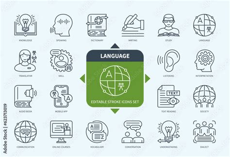 Editable Line Language Outline Icon Set Dictionary Communication Knowledge Vocabulary