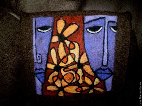 Купить валяная сумка коричневый рисунок кубизм сиреневый фиолетовый оранжевый цветы арт