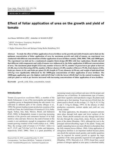 Pdf Effect Of Foliar Application Of Urea On The Growth And Yield Of