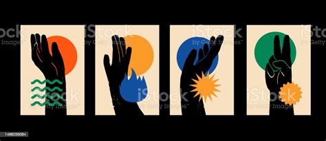 손으로 추상 포스터 컬렉션입니다 뒷면에 기하학적 모양이 있는 잉크 그래픽 라벨 또는 포스터 가격표 심플하고 평평한 디자인 패턴과 배경 포스터 표지 배너 기하 도형에 대한