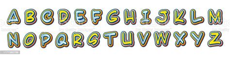 재미있는 만화 글꼴 팝 아트 스타일의 아이의 알파벳 어린이 일러스트 포스터 광고 장식을 위한 흰색 배경에 하프톤 효과가 있는 다층 노란색파란색 문자 1980 1989 년에