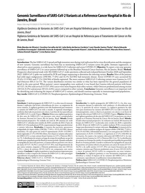 Pdf Genomic Surveillance Of Sars Cov 2 Variants At A Reference Cancer Hospital In Rio De