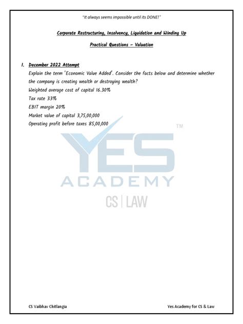 Valuation Practical Sums Cs Vaibhav Chitlangia Yes Academy For Cs