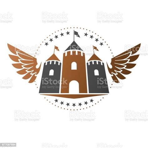 고 대 요새 엠 블 럼입니다 전 령 벡터 디자인 요소입니다 레트로 스타일 레이블 문장 학입니다 격리 된 흰 바탕에 화려한 간판입니다 건축에 대한 스톡 벡터 아트 및 기타