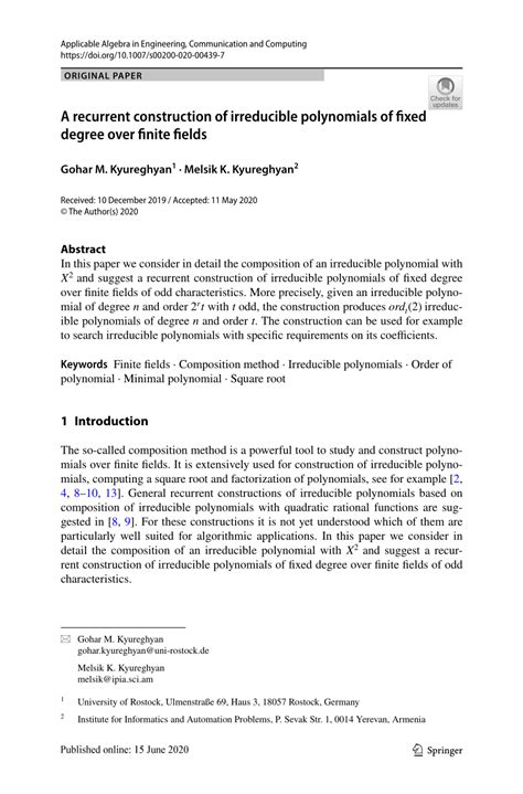 Pdf A Recurrent Construction Of Irreducible Polynomials Of Fixed