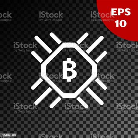 투명 한 어두운 배경에 격리 된 흰색 Cpu 마이닝 농장 아이콘입니다 프로세서 내부의 비트 코인 기호 암호 화폐 마이닝 커뮤니티 디지털 머니 벡터 일러스트레이션 Cpu에