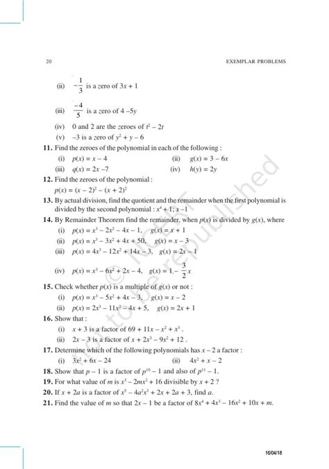 Ncert Exemplar Book For Class 9 Maths Chapter 2 Polynomials