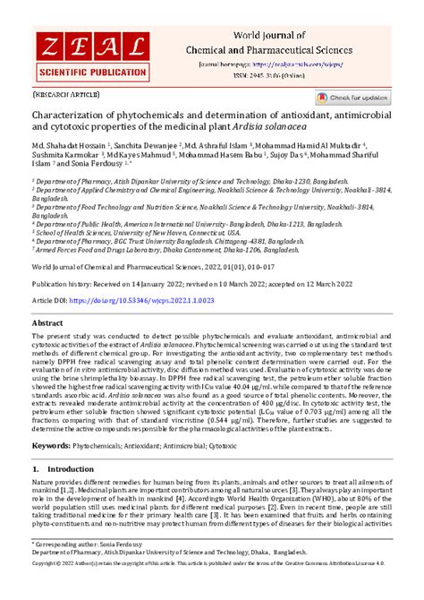 Pdf Characterization Of Phytochemicals And Determination Of Antioxidant Antimicrobial And