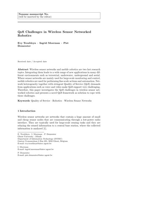 Pdf Qos Challenges In Wireless Sensor Networked Robotics