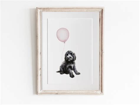 Black Cockapoo With Pink Balloon Print Nursery Wall Art For Girls