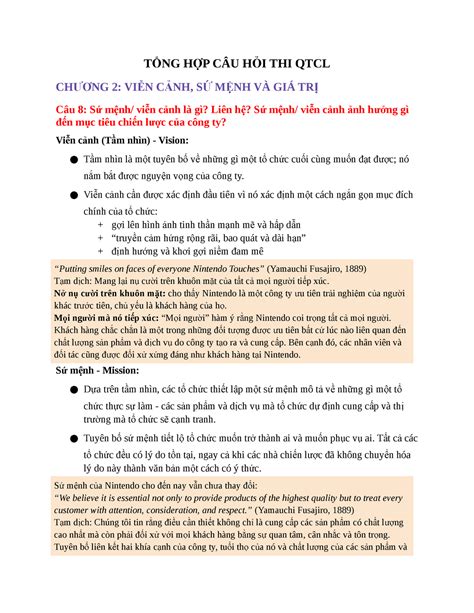 THI LÝ THUYẾT T ỔNG H ỢP CÂU H ỎI THI QTCL CH ƯƠNG VI ỄN C ẢNH S Ứ M ỆNH VÀ GIÁ TR Ị Câu