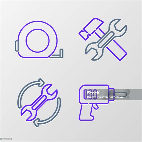 라인 전기 드릴 머신 렌치 및 화살표를 워크플로우로 해머 렌치 및 룰렛 구성 아이콘을 설정합니다 벡터 금속에 대한 스톡 벡터 아트 및 기타 이미지 Istock