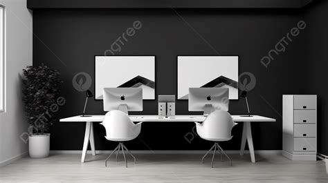 3d 일러스트레이션으로 최첨단 컴퓨터와 블랙 스크린을 갖춘 세련된 사무실 모형 데스크탑 컴퓨터 Pc 모니터 데스크탑 배경