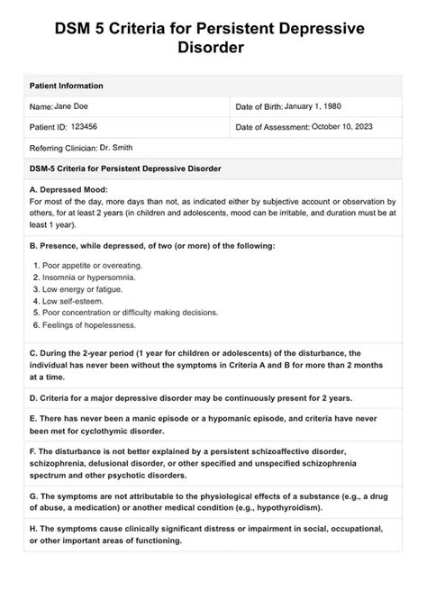 Dsm 5 Criteria For Persistent Depressive Disorder And Example Free Pdf Download