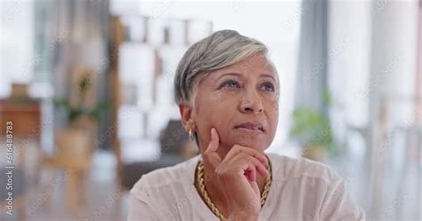 thinking doubt and woman in office with vision research and planning