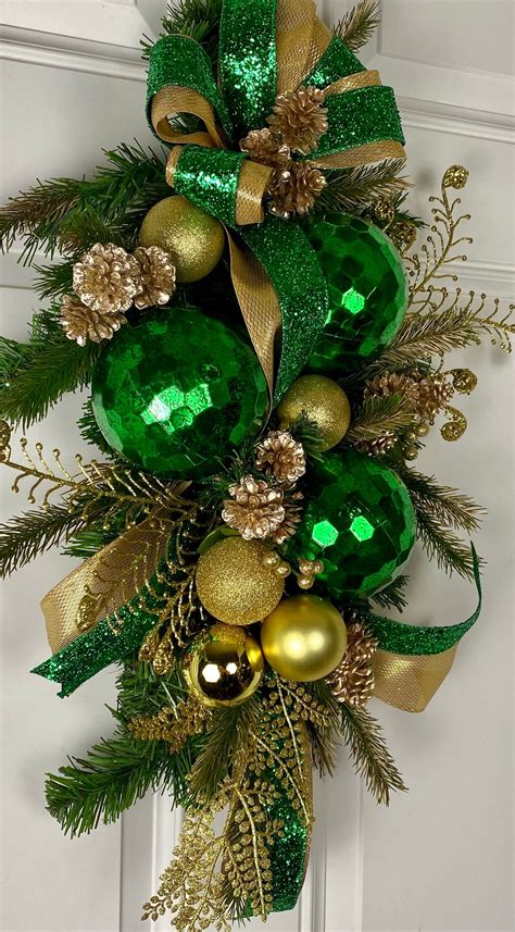 Green Gold Holiday Swag Christmas Ornament Wreath Winter Porch Decor