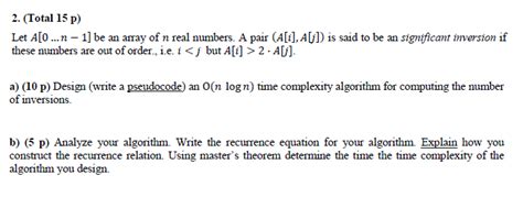 Solved 2 Total 15 P Let A O N 1 Be An Array Of N