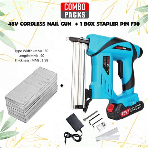 V V Cordless Nail Gun Rechargeable Electric Heavy Duty Staple Brad Nailer Wood Mesin Pistol