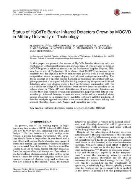 Pdf Status Of Hgcdte Barrier Infrared Detectors Grown By Mocvd In