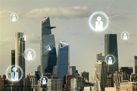 맨해튼 사무실 건물 배경에 소셜 네트워크 아이콘 홀로그램의 이중 노출 네트워킹 개념 0명에 대한 스톡 사진 및 기타 이미지 0명 감정 개념 Istock