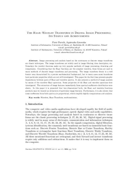 Pdf The Haar Wavelet Transform In Digital Image Processing Its