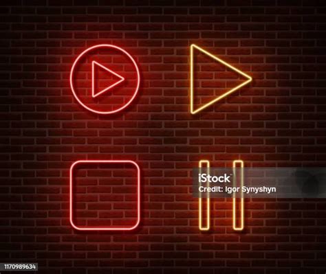 네온 플레이어 버튼은 벽돌 벽에 격리 된 벡터를 표시합니다 재생 중지 일시 정지 버튼 빛 기호 장식 네온에 대한 스톡 벡터 아트 및 기타 이미지 Istock