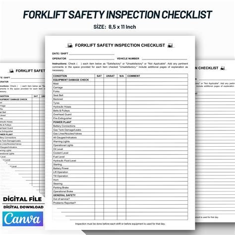 Forklift Safety Inspection Checklist Template Digital Download Etsy