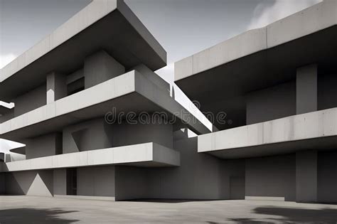 Illustration Of A Modern Concrete Minimalist Brutalist Building With An Angular Geometric Facade