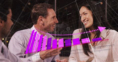 Image Of Statistical Data Processing Over Diverse Businessman Businesswoman Smiling At Office