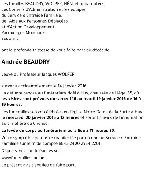 Avis De Décès De Andrée Beaudry Décédé Le 14 01 2016 à Liège Annonce Condoléances Fleurs