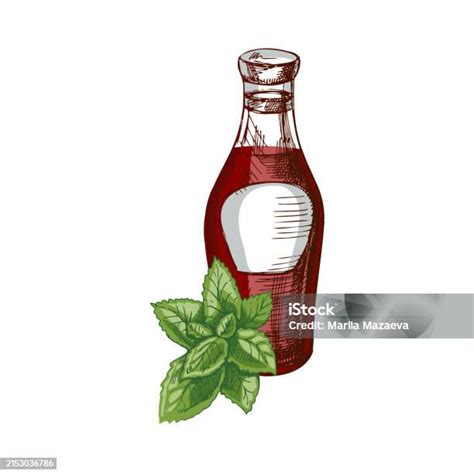 유리병에 담긴 케첩이나 소스와 민트 한 다발에 손으로 그린 컬러 스케치 레스토랑과 카페의 메뉴 디자인을 위해 구운 음식 개체 그룹에 대한 스톡 벡터 아트 및 기타 이미지