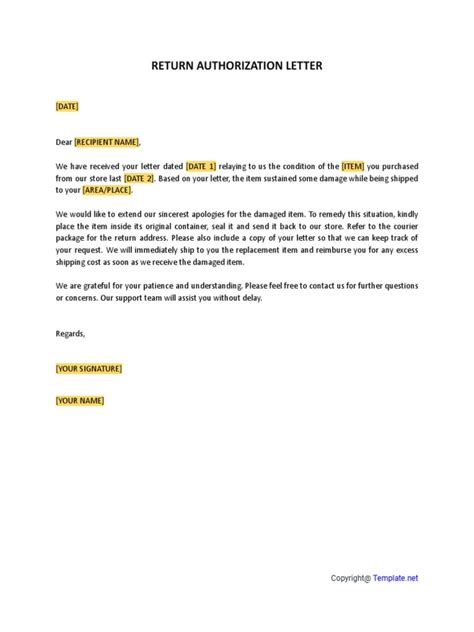 Return Authorization Letter Pdf
