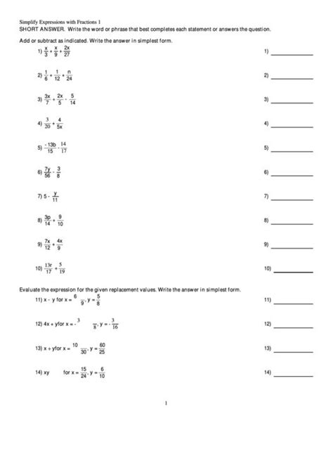 Simplifying Expressions With Fractions Worksheet
