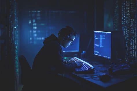 Premium Photo A Hacker In A Dimly Lit Room Surrounded By Screens Typing Furiously On A Keyboard
