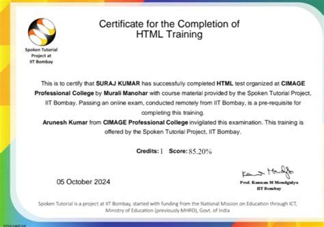Excited To Share That Ive Successfully Completed The Html Training Certification From Iit