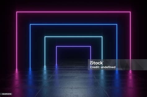 미래의 공상 과학 추상 파란색과 보라색 네온 빛 모양 검은 배경과 텍스트 3d 렌더링 그림에 대 한 빈 공간을 가진 반사 콘크리트에 0명에 대한 스톡 사진 및 기타 이미지