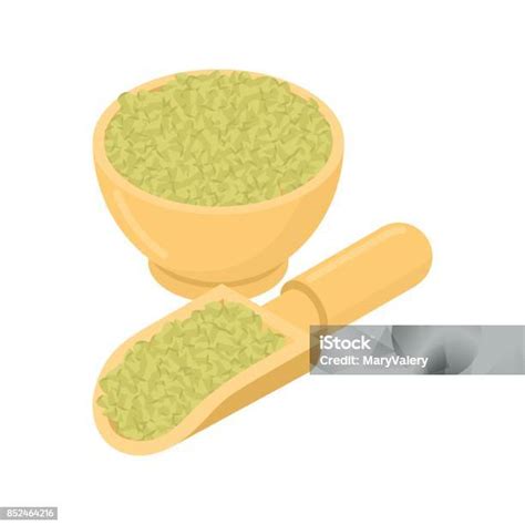 나무 그릇과 숟가락에 원시 메입니다 나무에서 가루 요리 고 삽 흰색 바탕에 곡물입니다 벡터 일러스트 레이 션 갈색에 대한 스톡