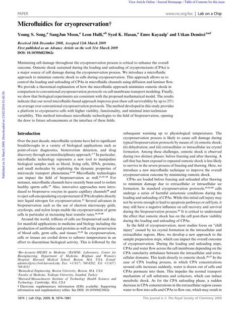 pdf microﬂuidics for cryopreservation · osmotic shock sustained