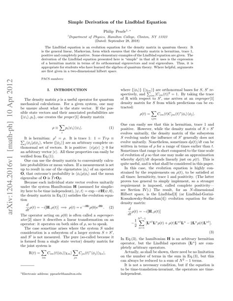 Pdf Simple Derivation Of The Lindblad Equation