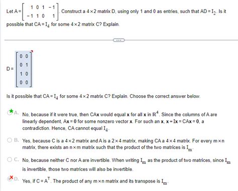 solved let a [1−10110−11] construct a 4×2 matrix d using