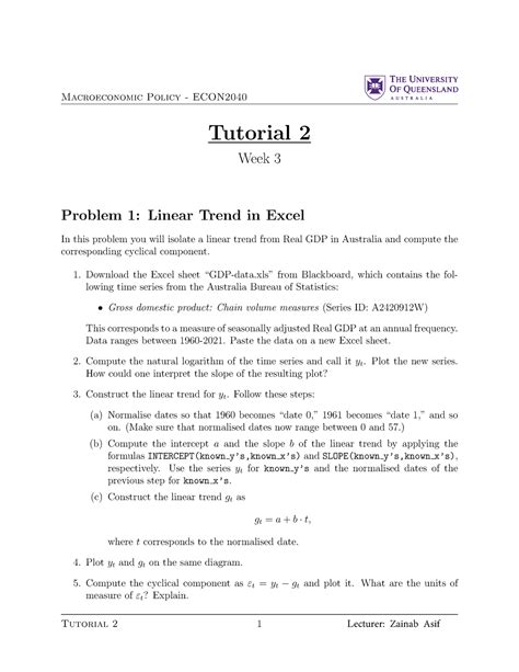 Tutorial 2 Week 3 Macroeconomic Policy Econ Tutorial 2 Week 3 Problem 1 Linear Trend In