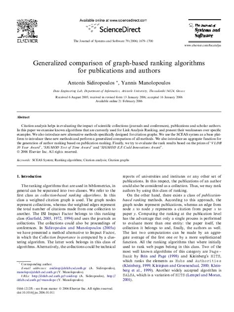 Pdf Generalized Comparison Of Graph Based Ranking Algorithms For Publications And Authors